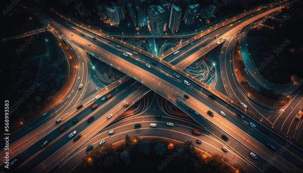 Overhead view of Highways and Byways. Night transportation. Urban ...