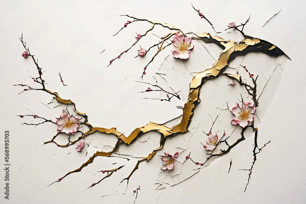 Japanese kintsugi spring sakura gloden tree cherry blossom white ...