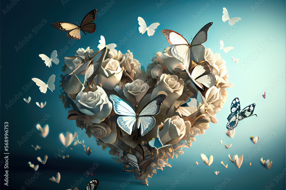 Heart shaped white roses bouquet with butterflies flying Stock ...