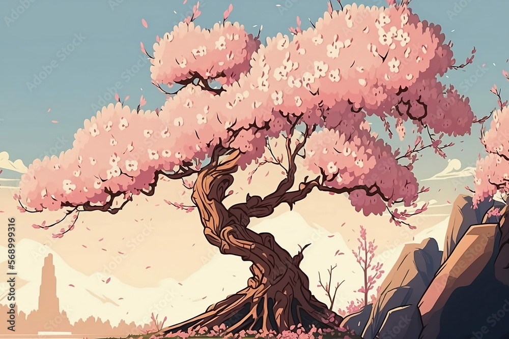 Cherry blossom tree spring cartoon style for background AI Stock Illustration | Adobe Stock