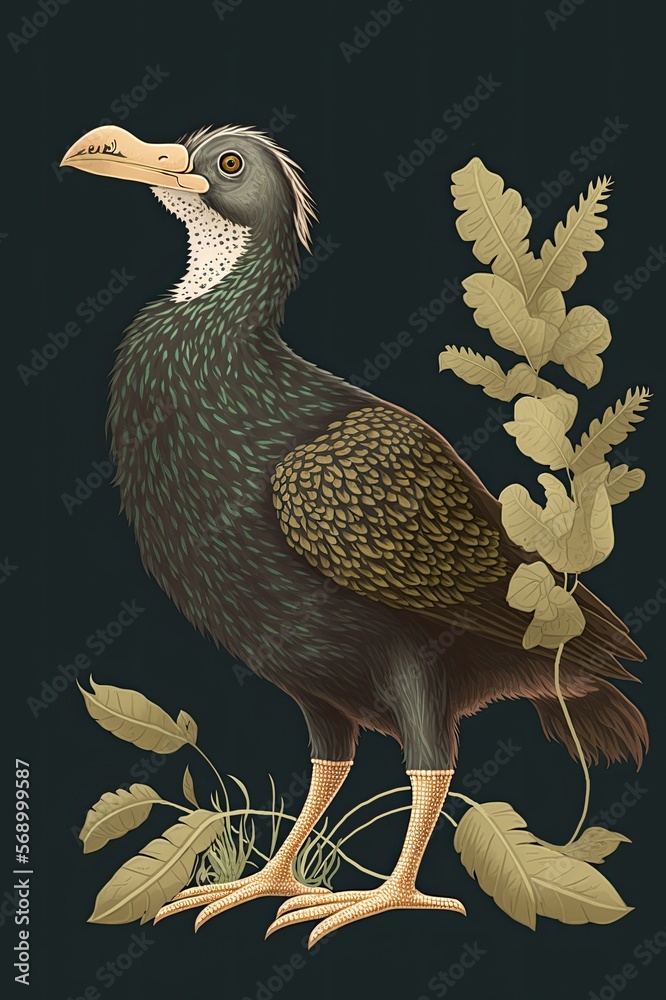 An extinct dront, dodo bird, or Raphus cucullatus in Latin. Imaginary ...