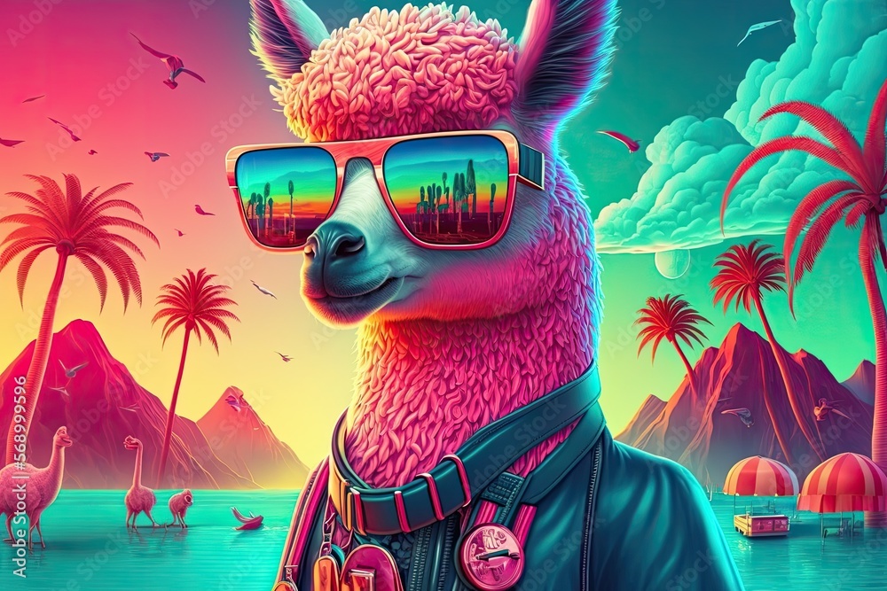 Funky lama character in leather jacket and mirror sunglasses. Hippie ...