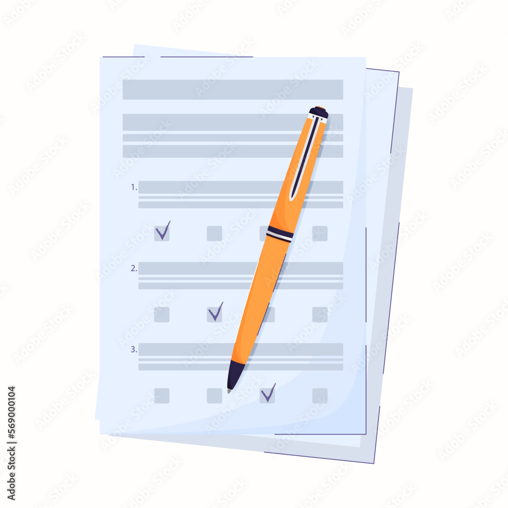 On the sheet, a completed test and a pen, passing a knowledge test and ...