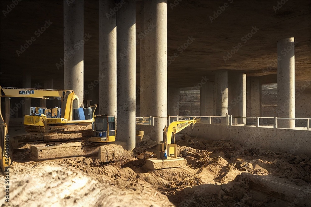 Sewer pipes laying. Sanitary drainage, external sewage. Tower crane on ...