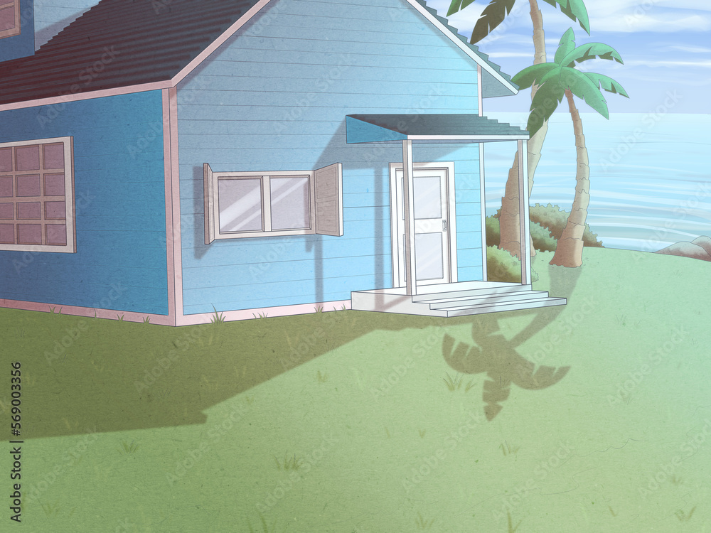 Baby Blue House on an Palm Tree Island Ocean View Cartoon Background ...