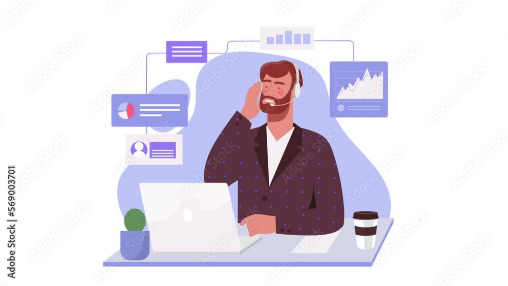 Help Desk Operator video concept. Moving male call center employee sits ...