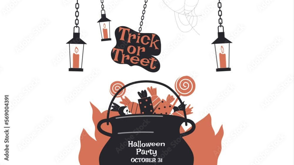 Halloween party invitation. Moving scary banner with witch cauldron ...