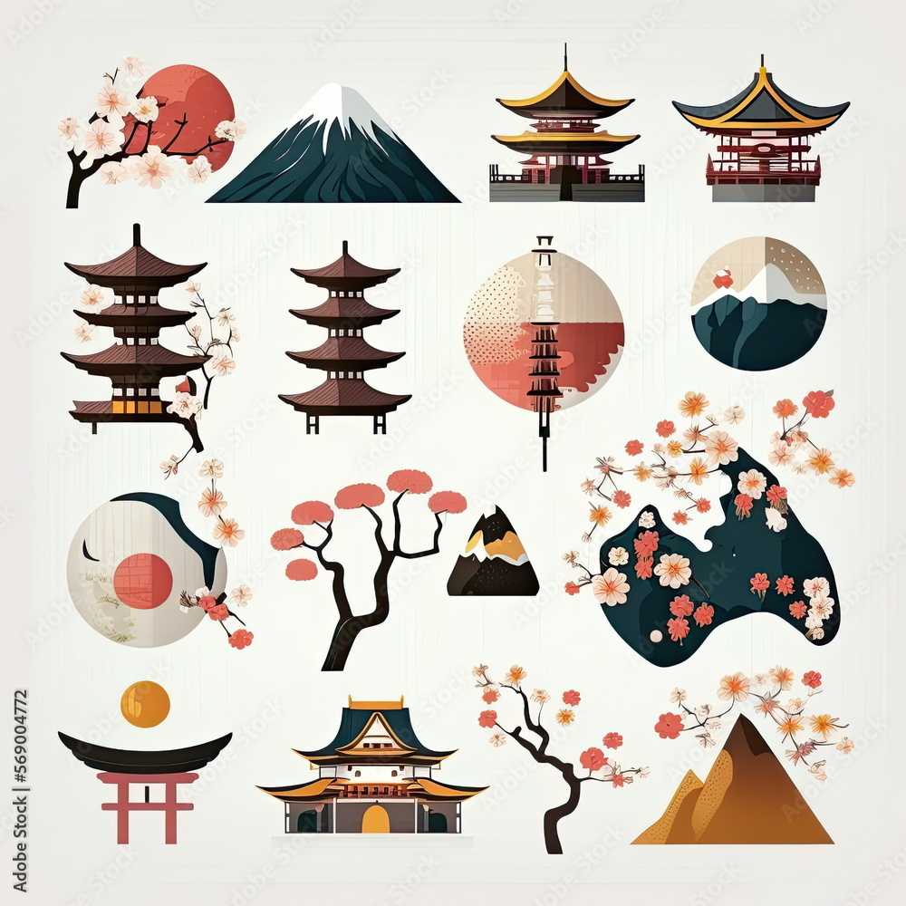 icon set cartoon Japan landmarks, vector illustration, white background ...