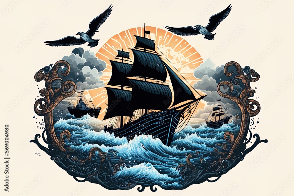 Ink depicting a ship and a flock of swallows Generative AI Stock ...