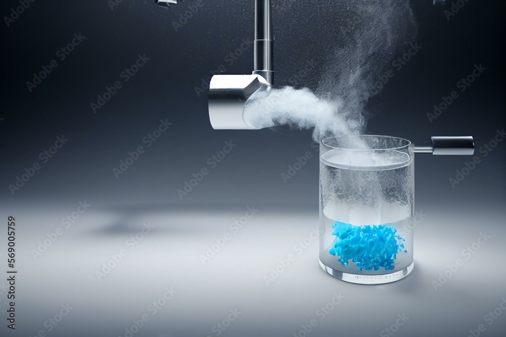 Liquid nitrogen frozen faucet and lever. Visible floating white ...