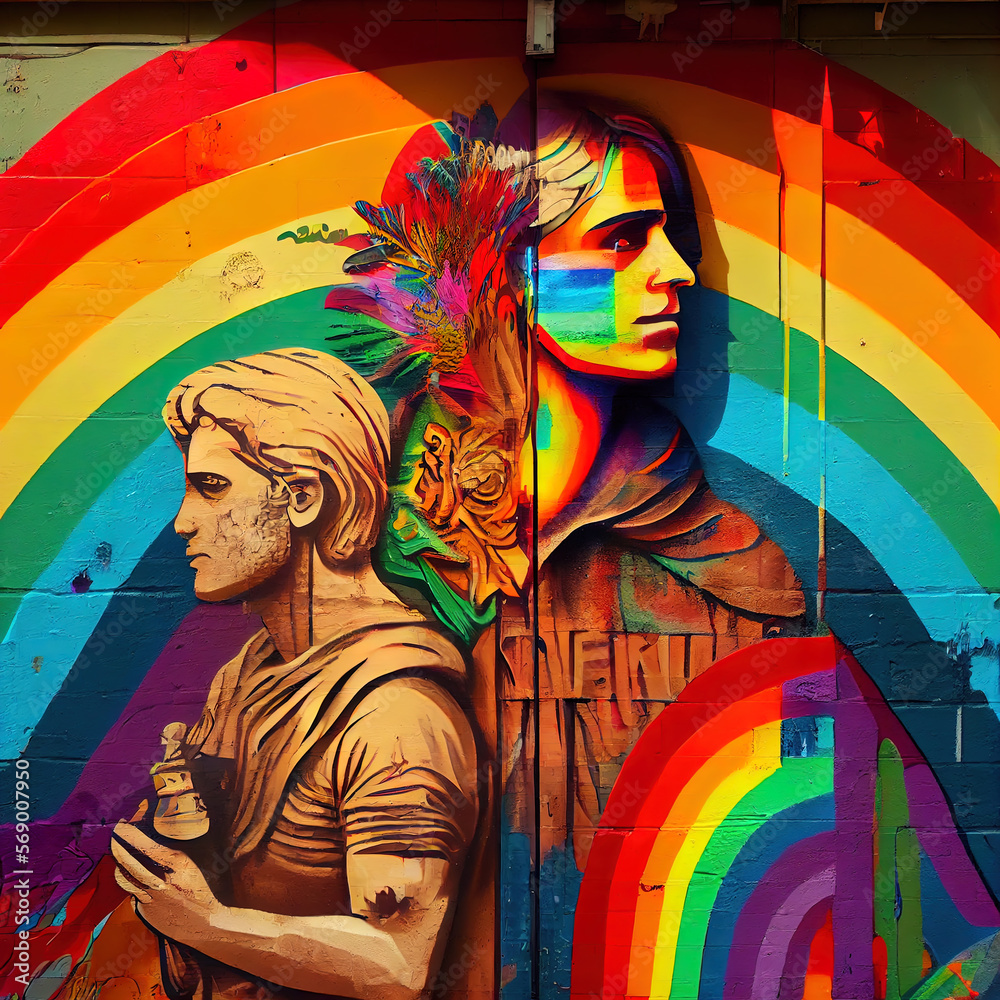LGBTQ+ gay pride parade art, painted mural on brick wall, ai generated ...