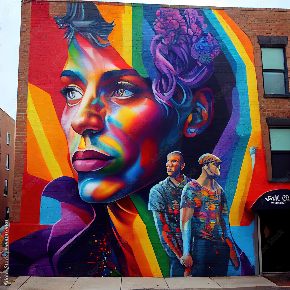 LGBTQ+ gay pride parade art, painted mural on brick wall, ai generated ...