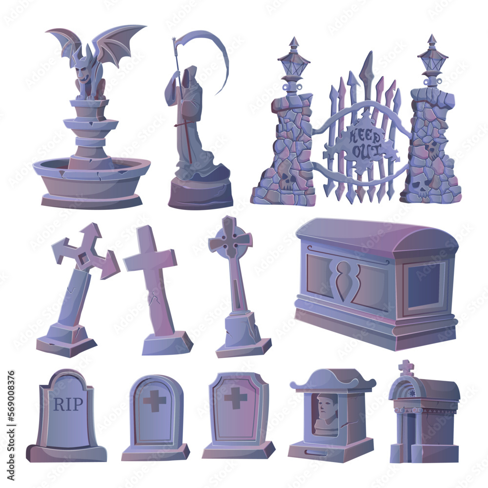 graves and other cartoon vector sets of tombstones and monuments. Cemetery crosses and grave ...