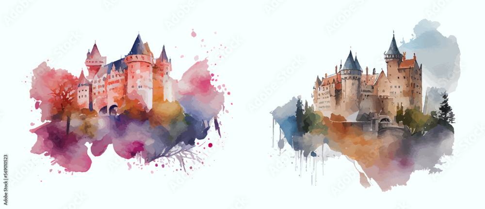 Colorful castles in a watercolor style isolated on a white background ...