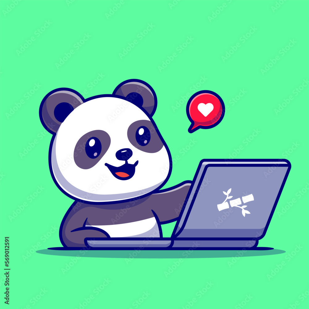 Cute Panda Working On Laptop Cartoon Vector Icon Illustration. Animal ...