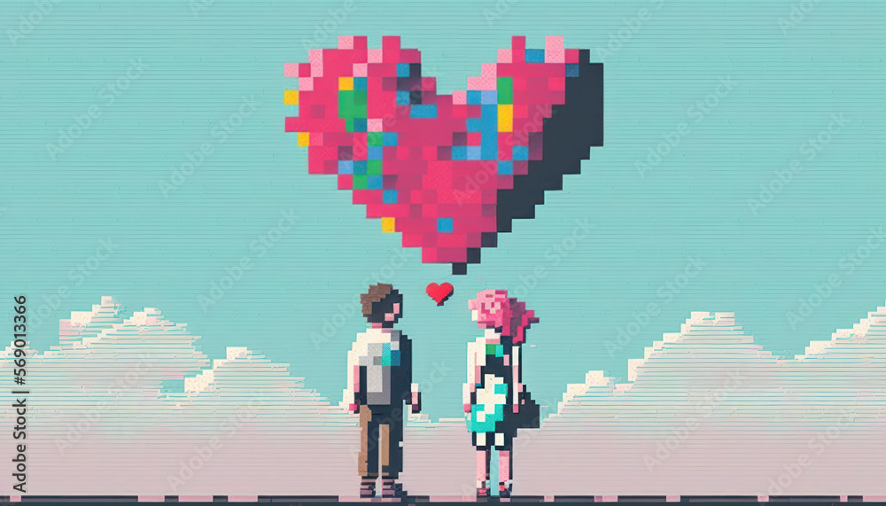 Pixel art of heart and couple with pastel color background. Love and ...