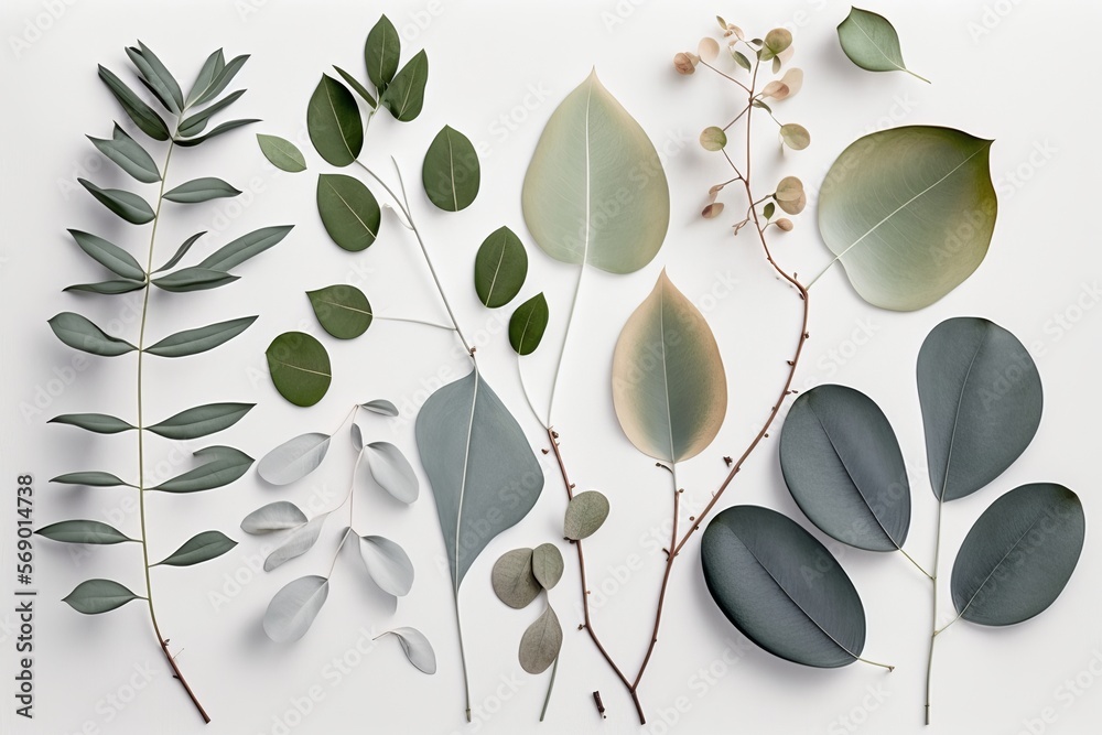 Eucalyptus leaves, green and grey soft pallet. Flat lay, copy free ...