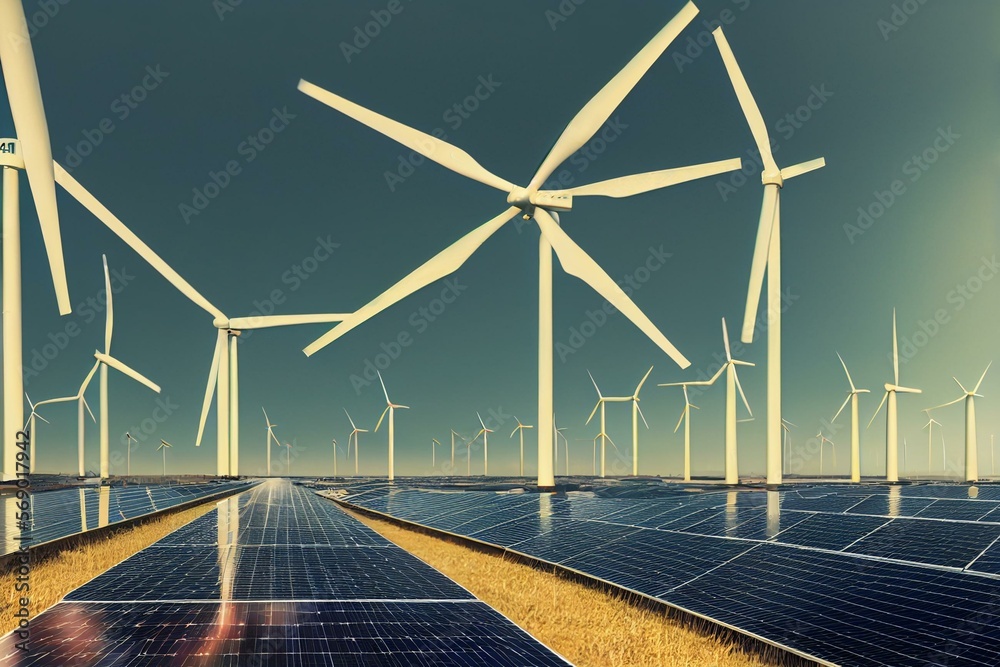 Tanks with hydrogen on the background of solar panels and wind turbines ...