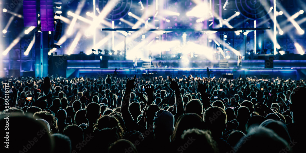 The crowd in a fan zone in a concert hall. Raised hands during a music ...