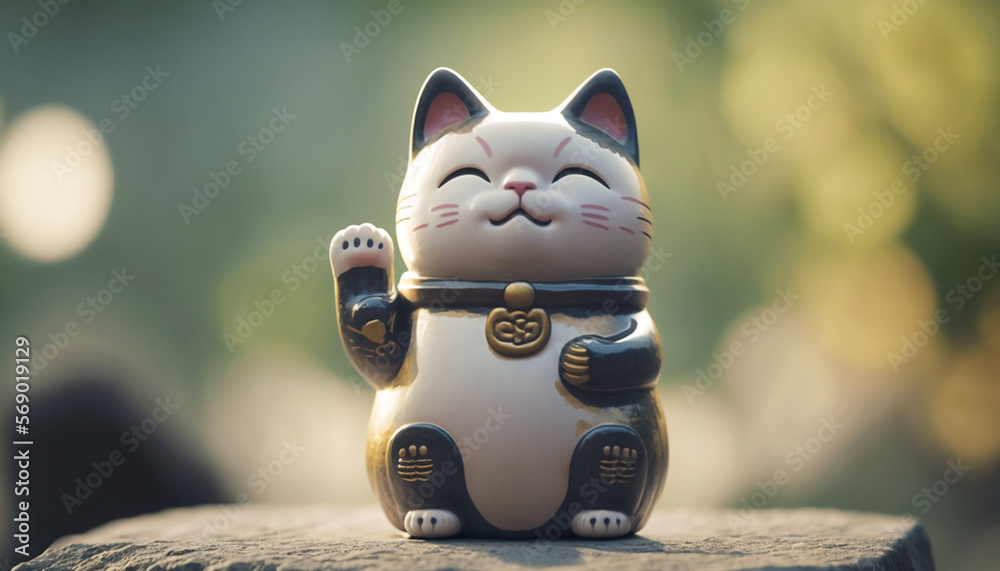 The minimal full body maneki-neko, cute and happy, raise one hand ...