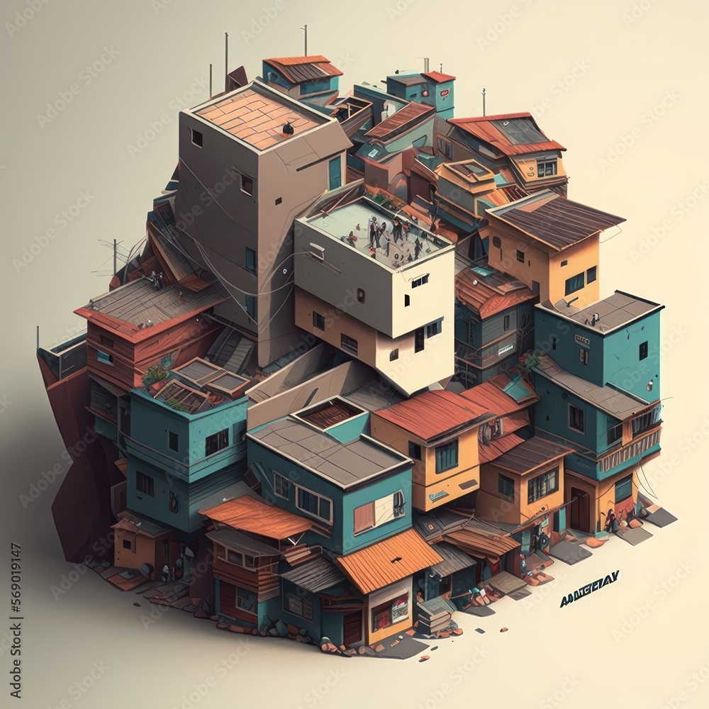 favela, favelas do rio, isometric, axonometric, pintura colorida ...