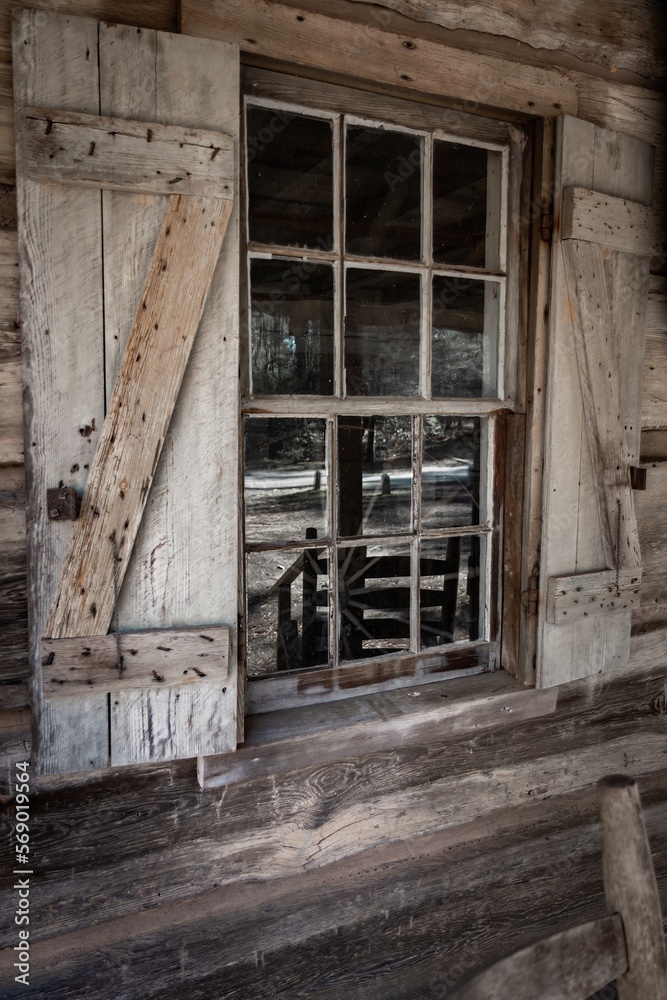 closeup of windowpanes and shutters from historic civil war era 1800s ...
