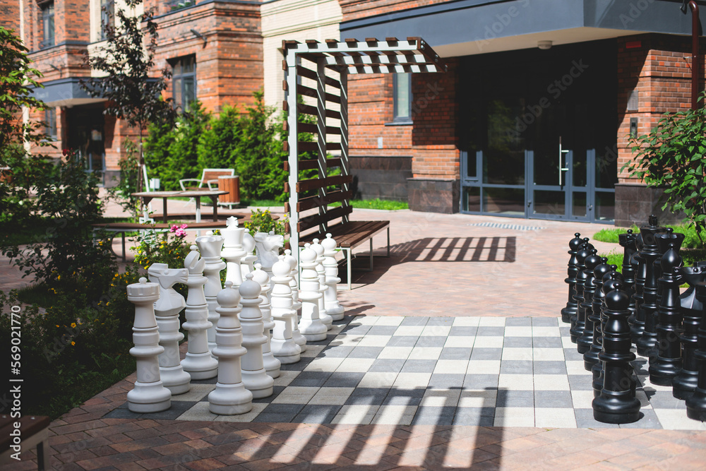 Modern european residential apartment complex yard territory, multi ...