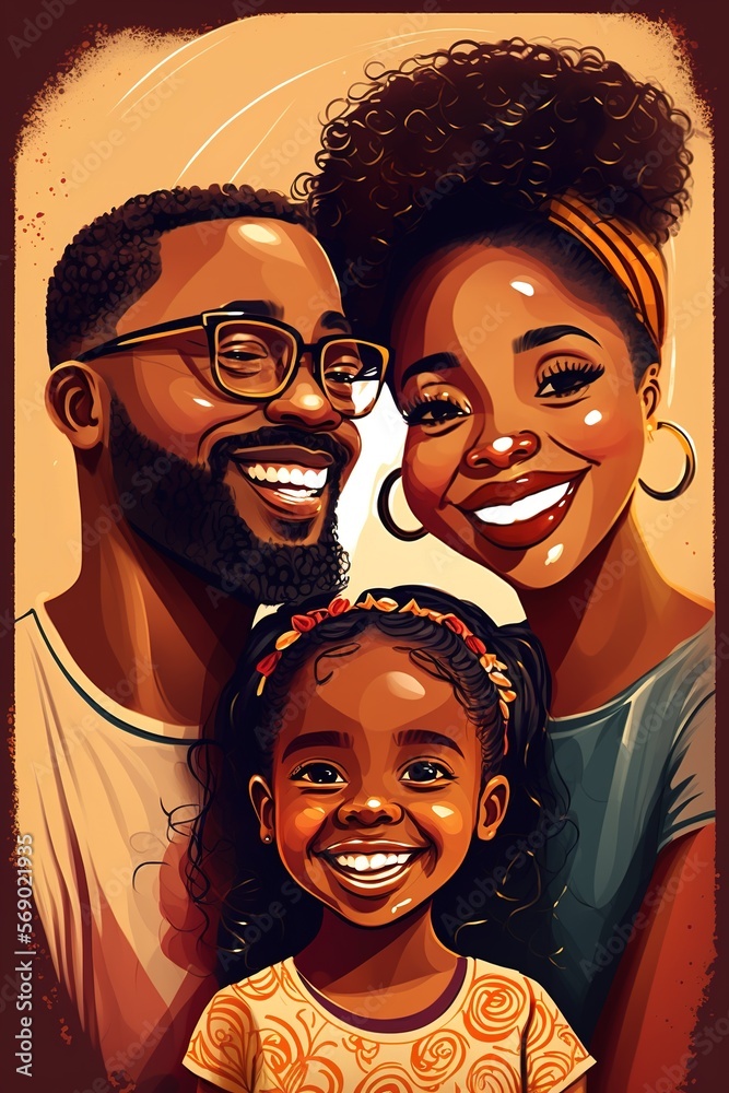 Cartoon illustration of African-American family, mother, father and ...
