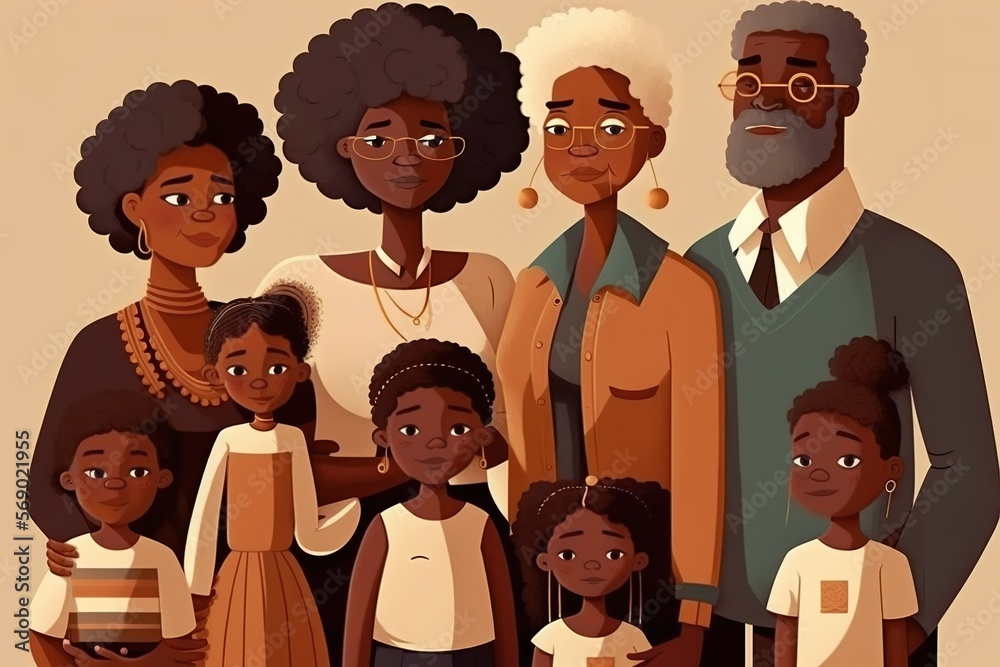 Cartoon illustration of big African American family. Black history ...