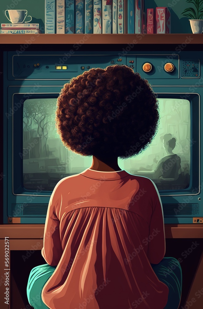 Retro style illustration of woman afro woman watching vintage tv ...