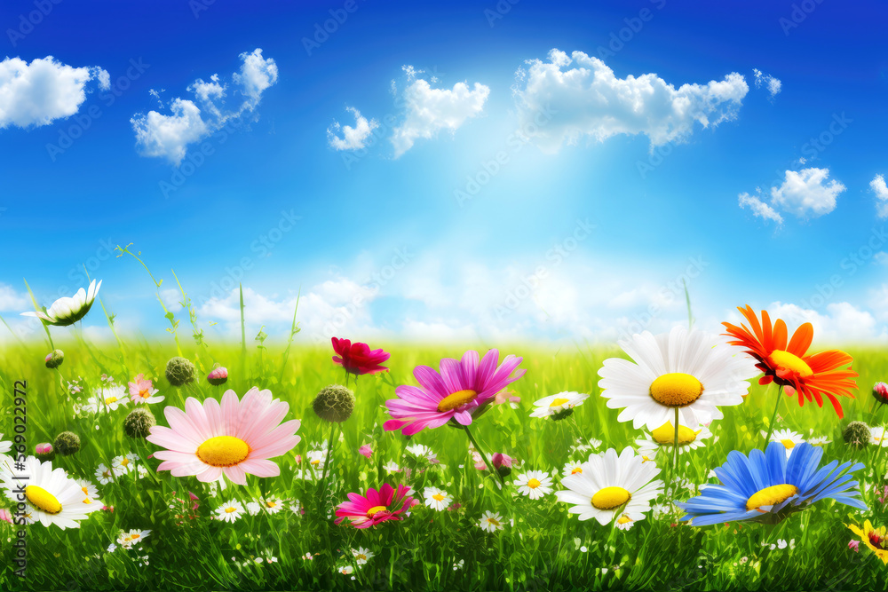 Beautiful flower field. Spring flowers natural landscape, close up ...