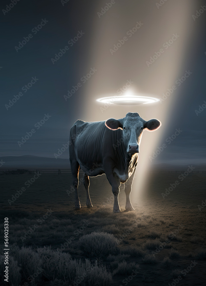 Cow in the tractor beam of a UFO over a pasture at night, created with ...