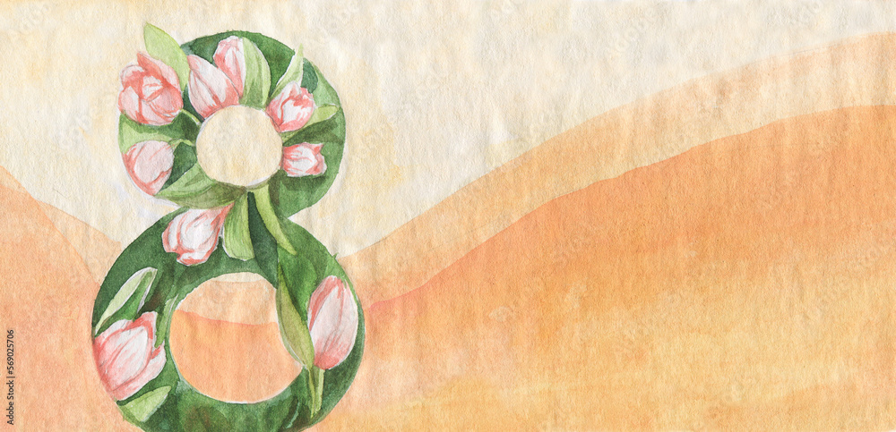 Watercolor background with number 8 with tulips Stock Illustration ...