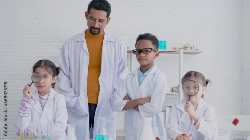 4K, Group of elementary school children Dress up as science ...