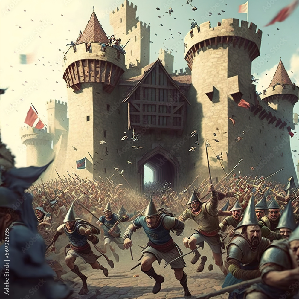 warriors fighting around castle in ancient age Stock-Illustration ...