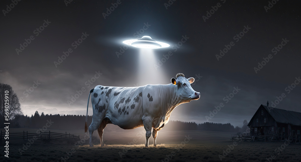 Cow in the tractor beam of a UFO over a pasture at night, wide shot ...