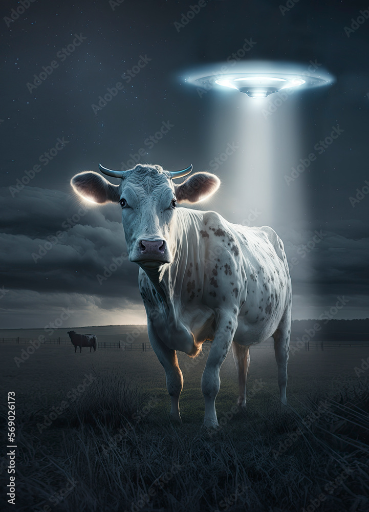Cow in the tractor beam of a UFO over a pasture at night, created with ...