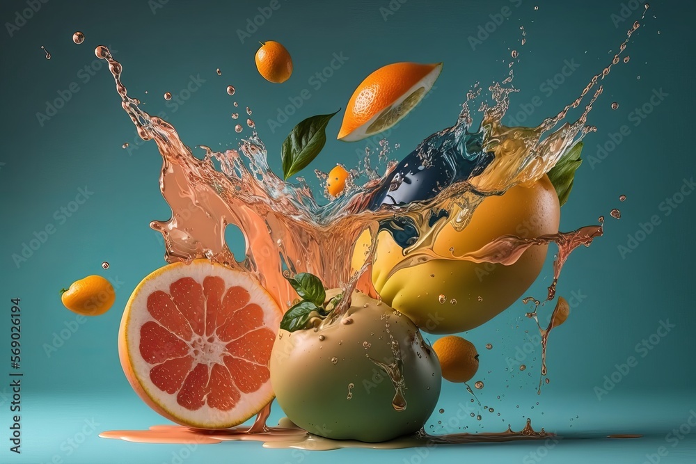 Hyper realistic floating fruits with water splash on pastel color ...