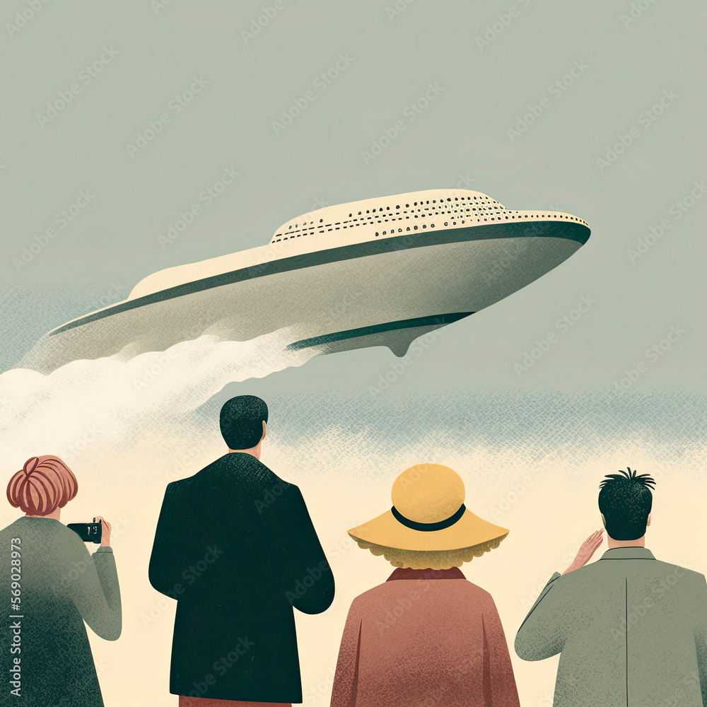 Cartoon style of a group of people looking at a huge UFO spacecraft ...