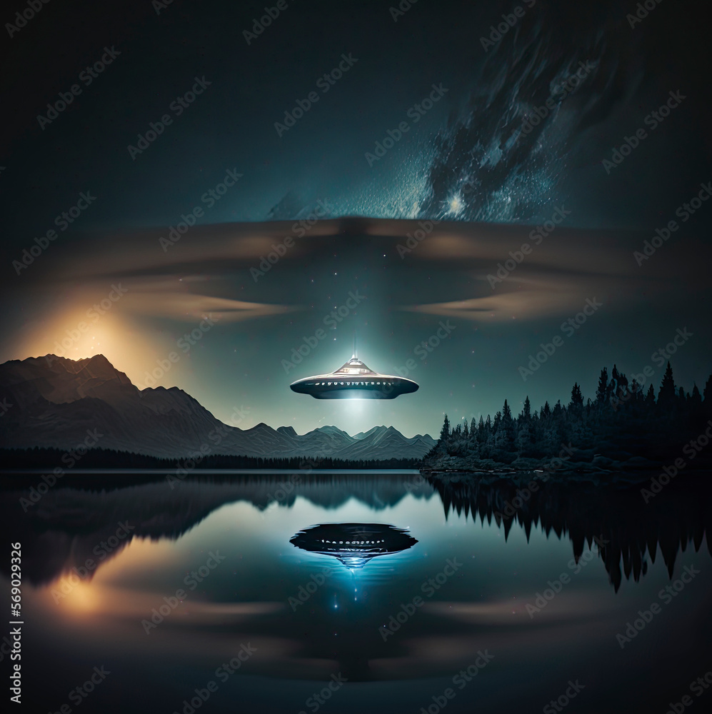 Beautiful night sky with a UFO spacecraft flying low over a lake with ...