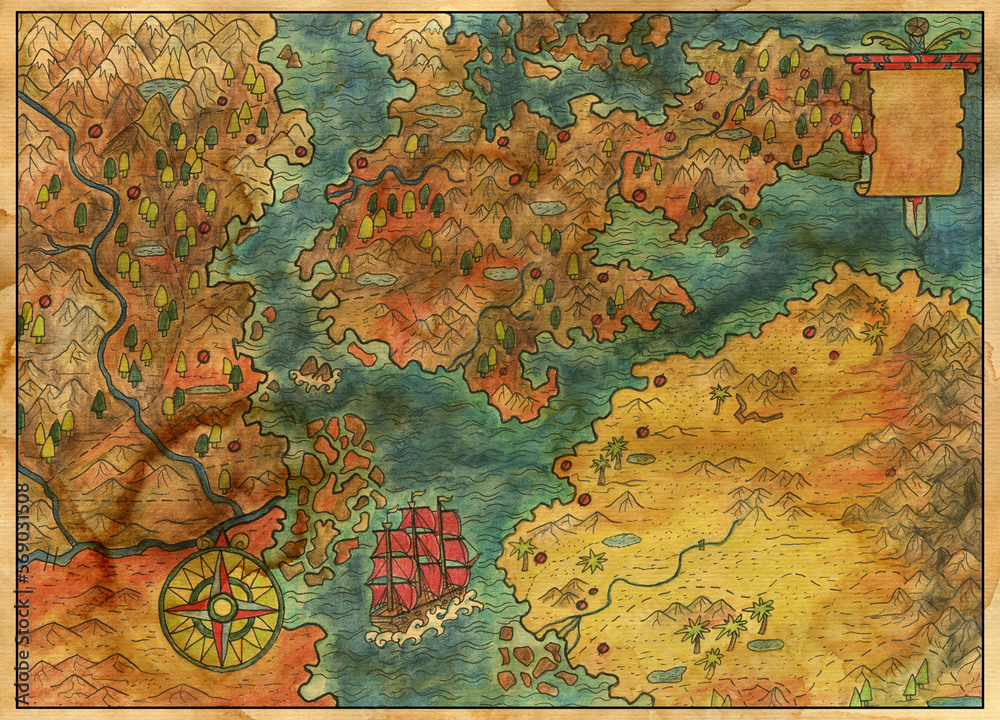 Nautical ilustration with old pirate world map of treasures with ...