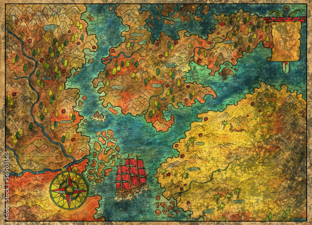 Nautical ilustration with old pirate world map of treasures with ...