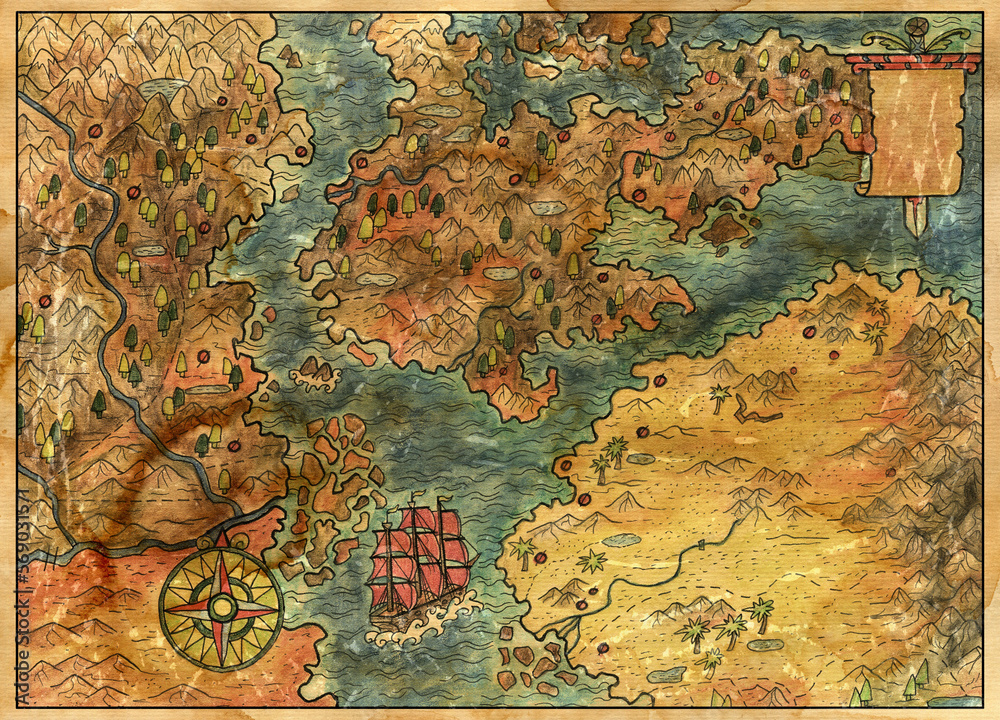Nautical ilustration with old pirate world map of treasures with ...