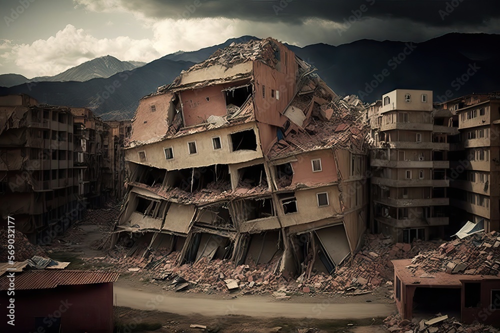 An Entire City Square Devastated by an Earthquake, Destroying Buildings ...