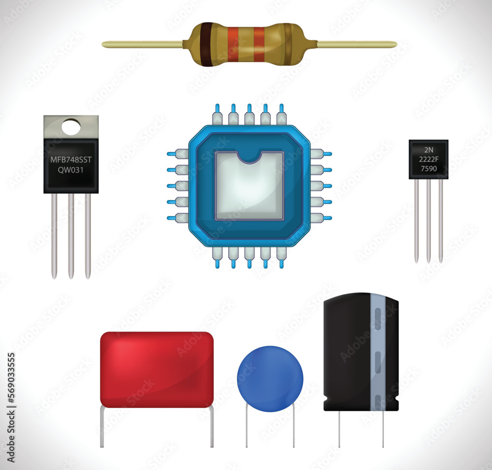 Electronics components icons set, realistic cartoon set of resistor, ic ...