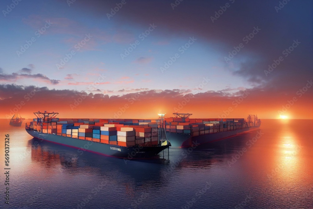 Sunrise over Felixstowe Container Port a large container ship on the ...