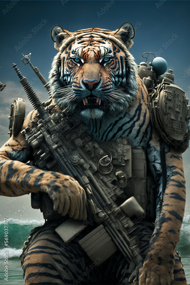tiger with a machine gun on a beach. generative ai. Stock Illustration ...