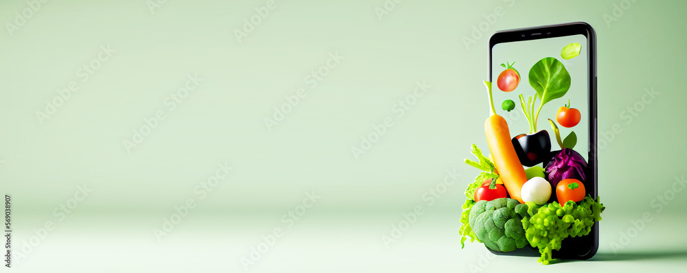 Fresh vegetables food delivery from mobile phone on isolated background ...