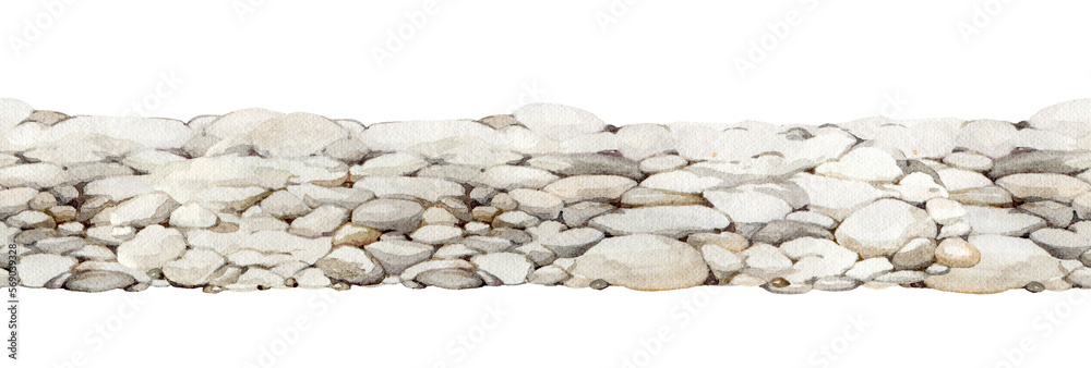 Pebble ground seamless border illustration. Hand drawn pile of pebbles ...