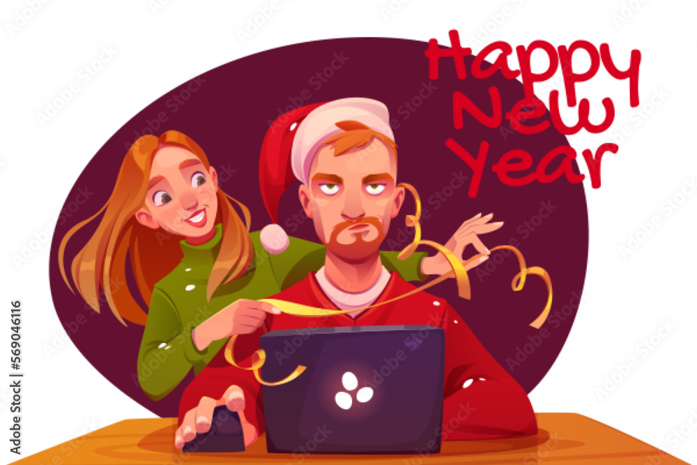 Happy New Year greeting card with cartoon characters grumpy man wear ...